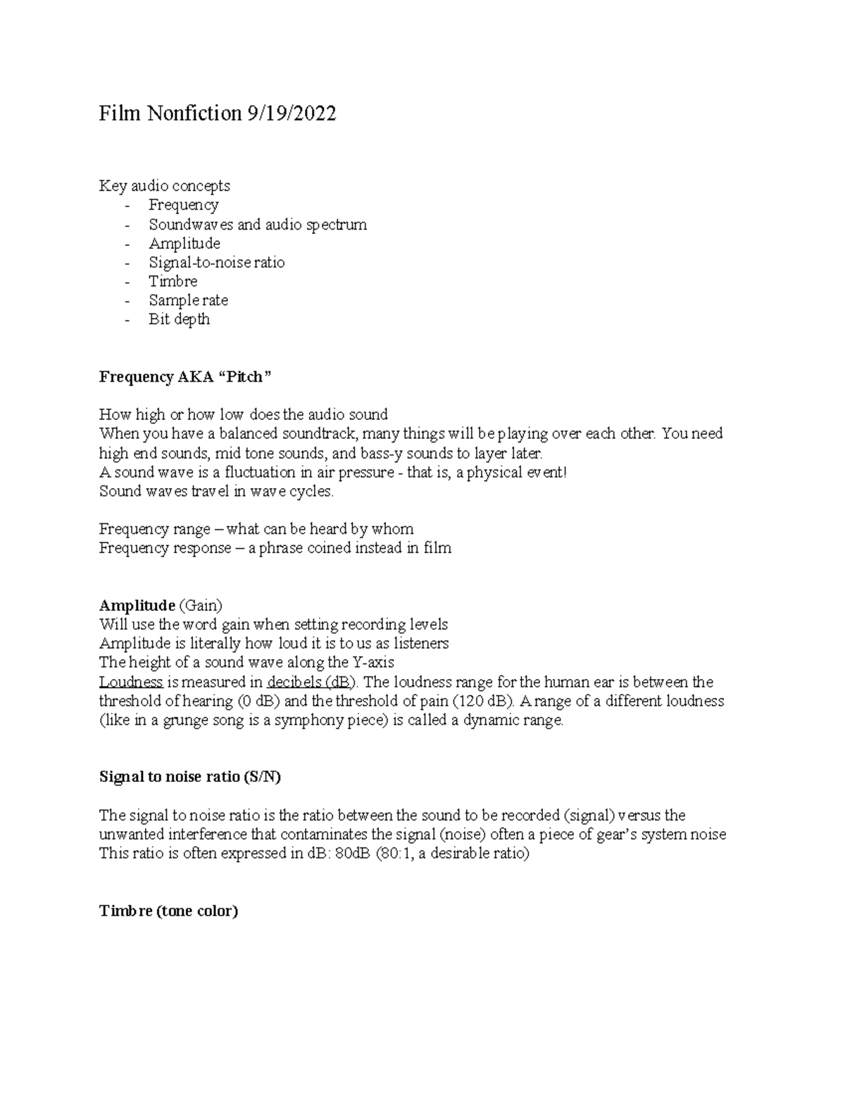 Film Nonfiction Audio Recording Notes - Film Nonfiction 9/19/ Key audio ...