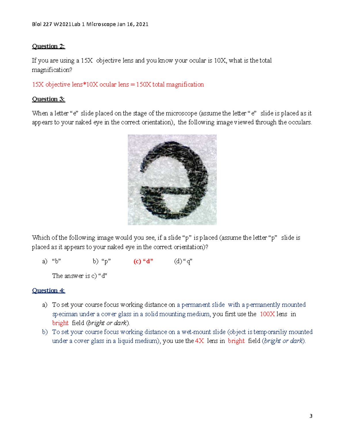Biol 227 Lab1 Biol 227 W2021lab 1 Microscope Jan 16 2021 Question 2 If You Are Using A 15x