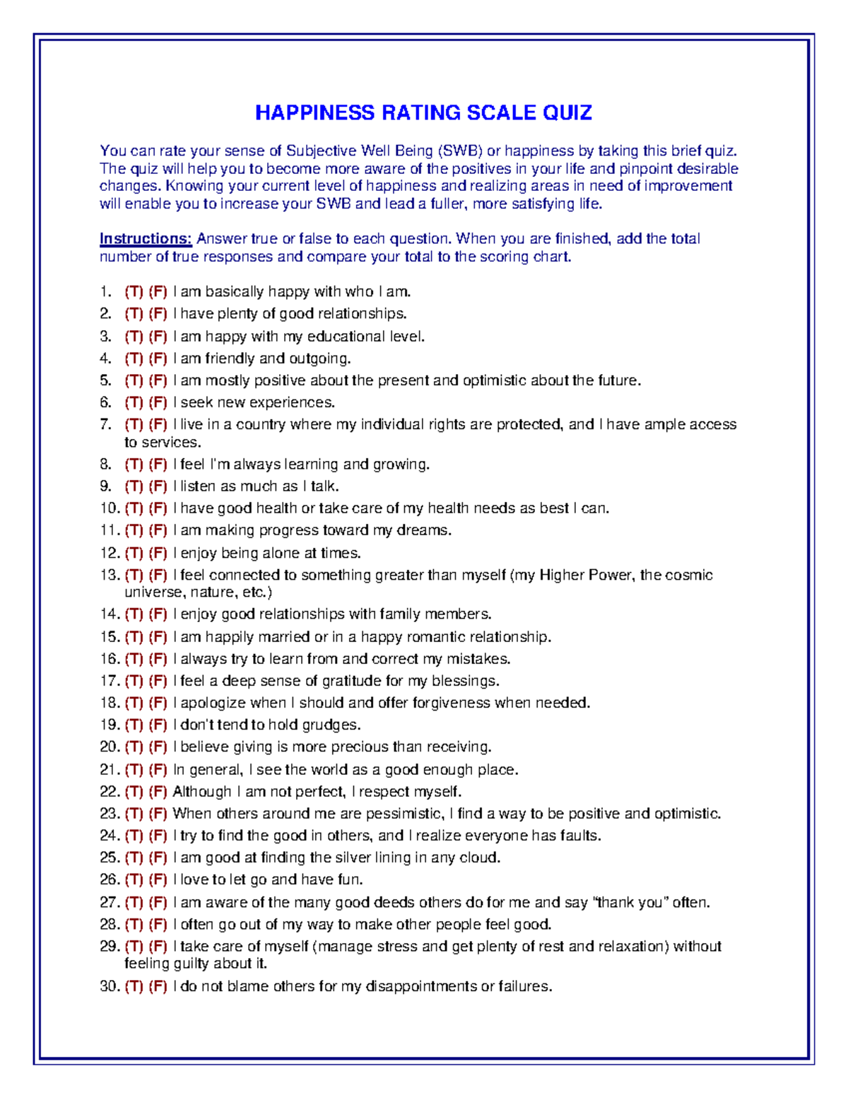 Happiness-rating-quiz - HAPPINESS RATING SCALE QUIZ You can rate your ...