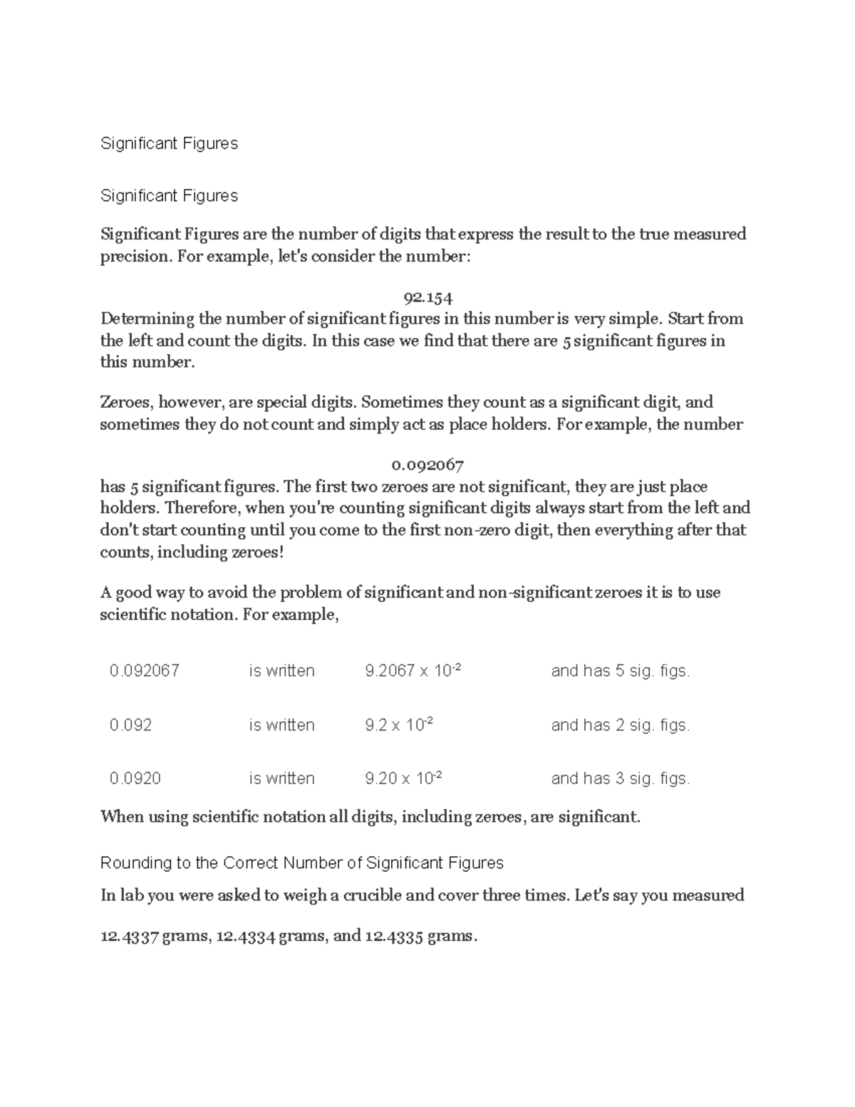Chem Notes - Significant Figures Significant Figures Significant ...