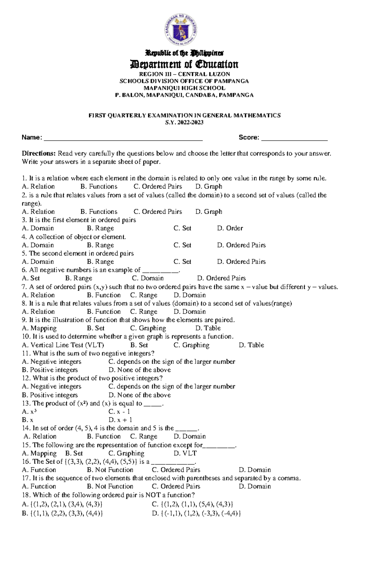 Exam - exaam - Republic of the Philippines Department of Education ...