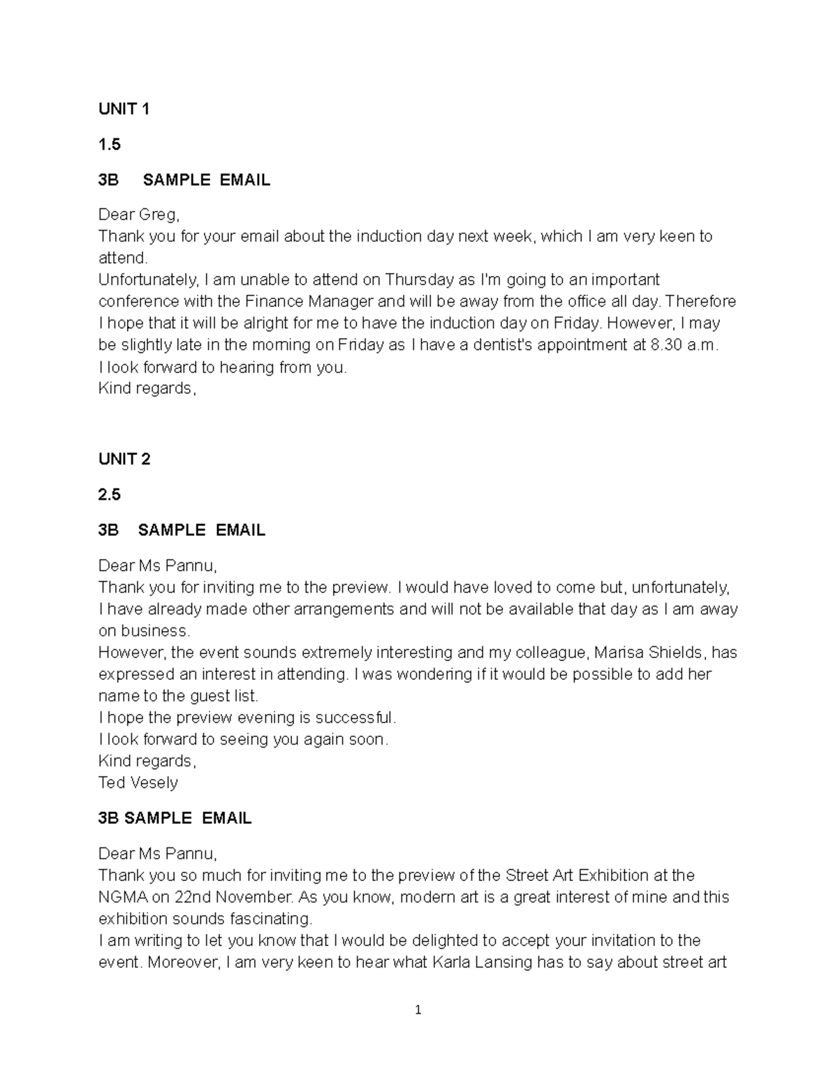 Sample Writing 4 Units - ….. - UNIT 1 1. 3B SAMPLE EMAIL Dear Greg ...