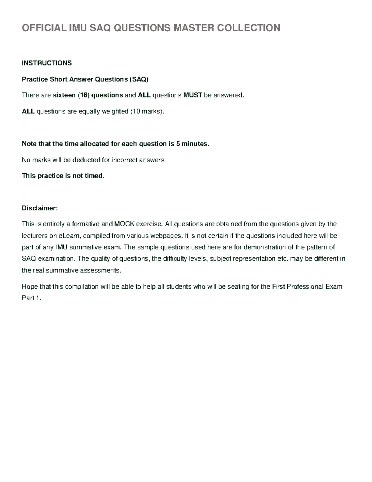 Official IMU SAQ questions master collection - OFFICIAL IMU SAQ ...