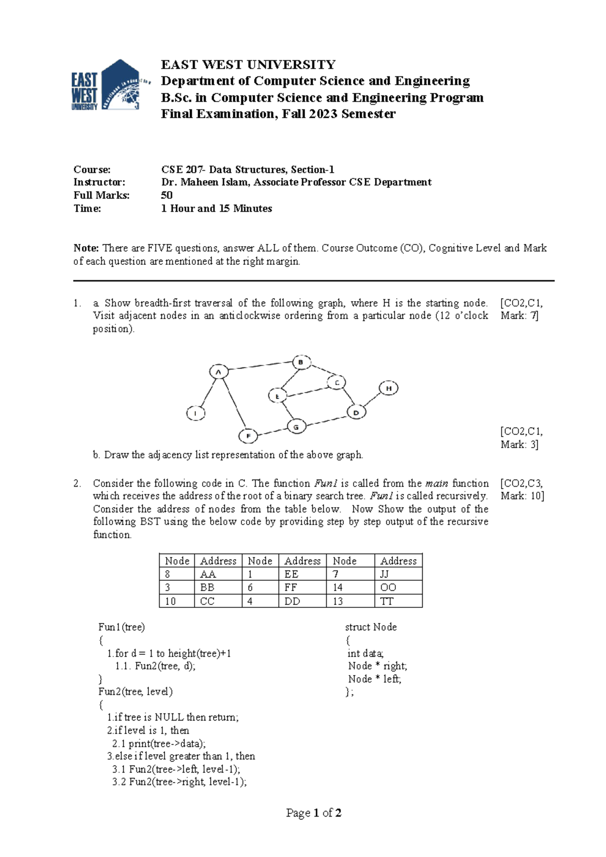 CSE207-1- Fall 2023 Final-1 - EAST WEST UNIVERSITY Department of Computer Science and ...