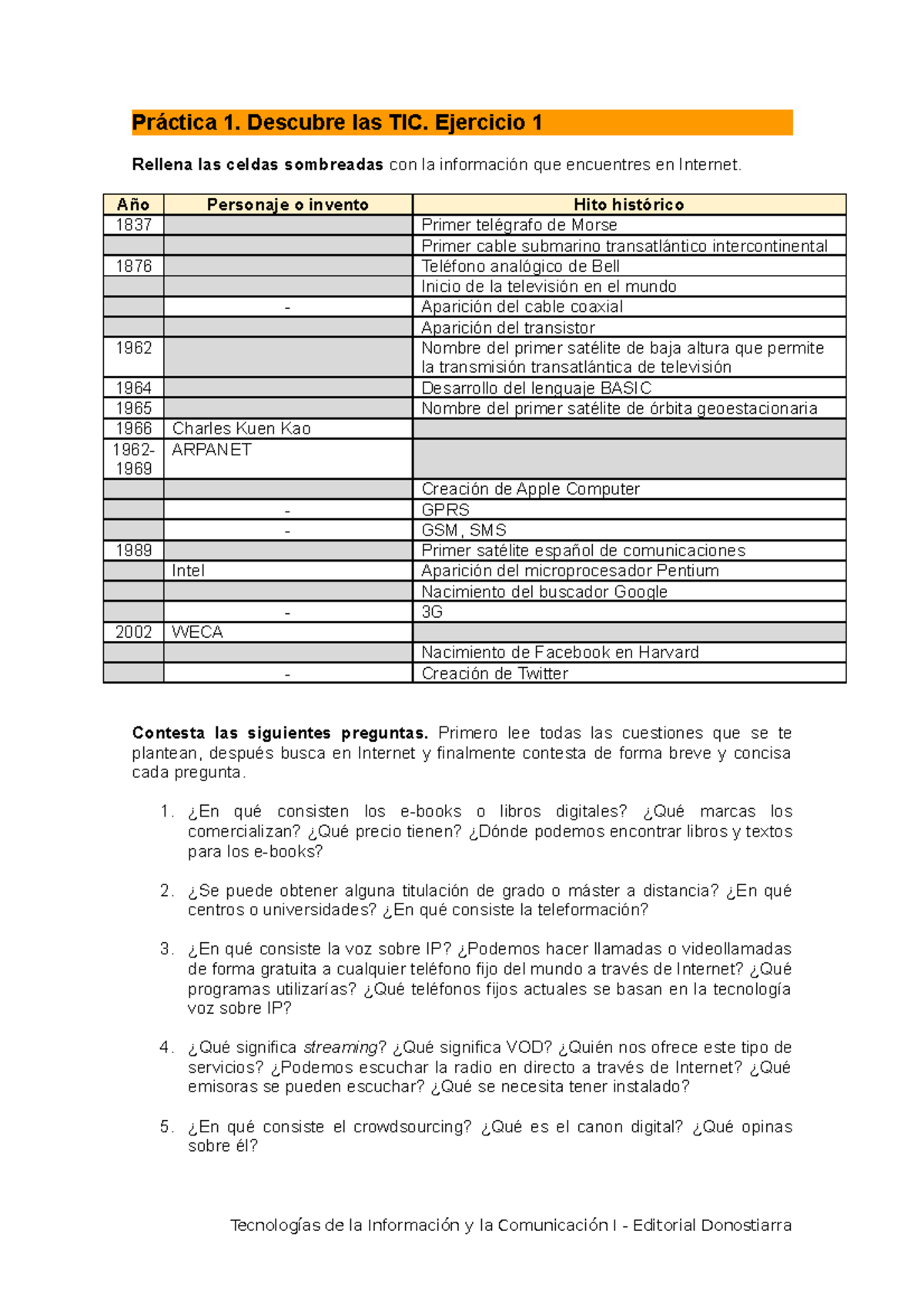 P1 E1 historia desarrollos - Práctica 1. Descubre las TIC. Ejercicio 1 Rellena las celdas ...