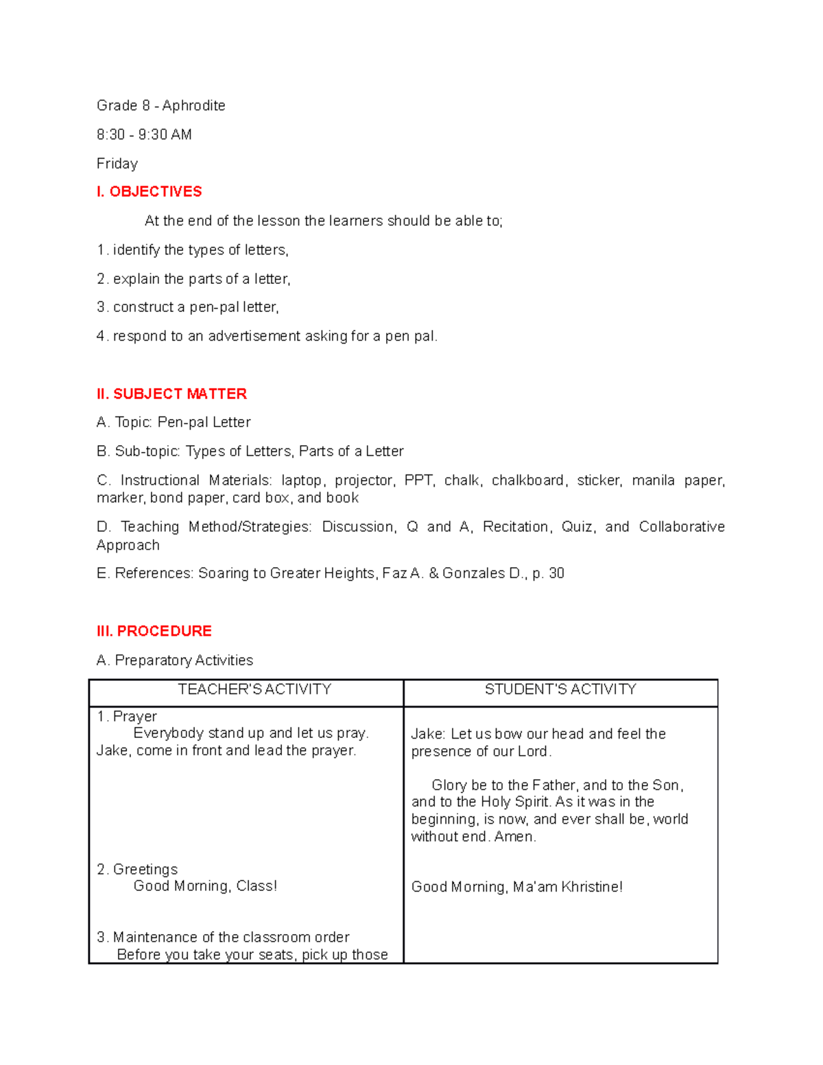 Grade 8 - Lesson Plan - Grade 8 - Aphrodite 8:30 - 9:30 AM Friday I ...