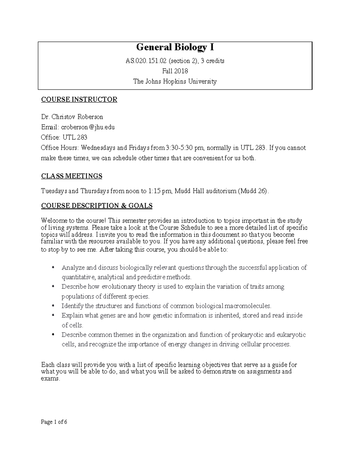 Fall 2018 General Biology I Course Syllabus - General Biology I AS.020. ...