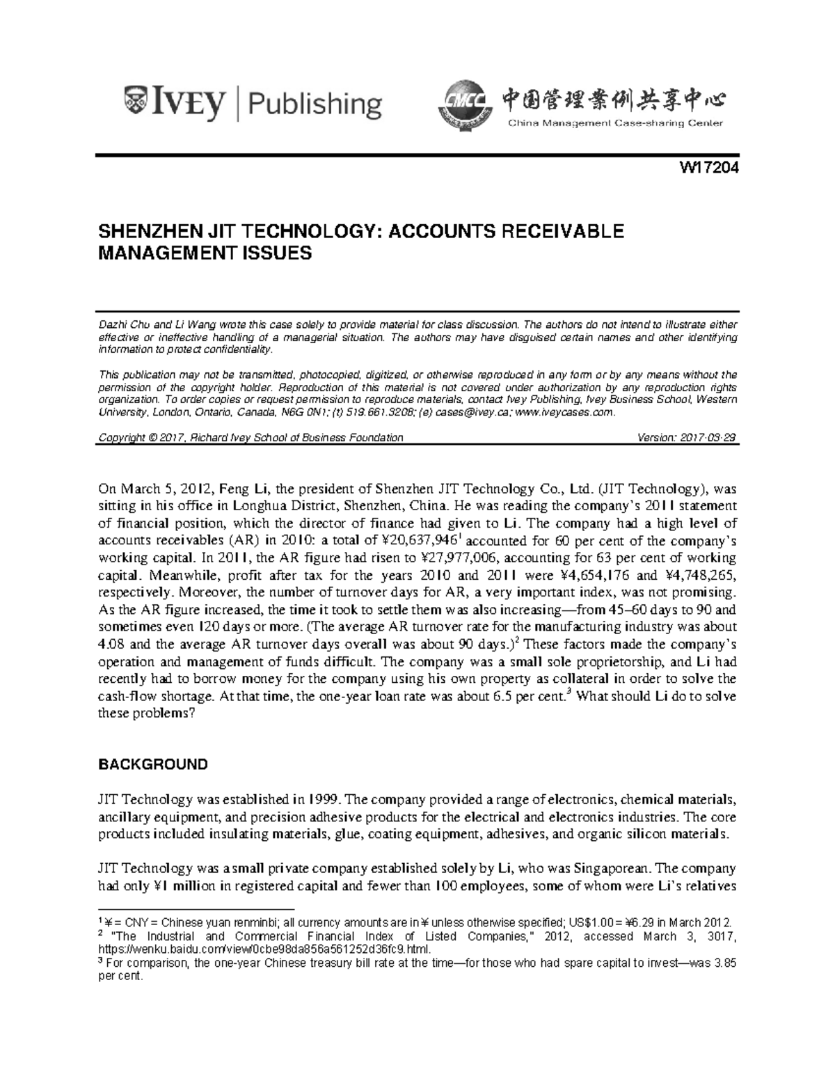 Attachment 1 - Case - W SHENZHEN JIT TECHNOLOGY: ACCOUNTS RECEIVABLE MANAGEMENT ISSUES Dazhi Chu ...