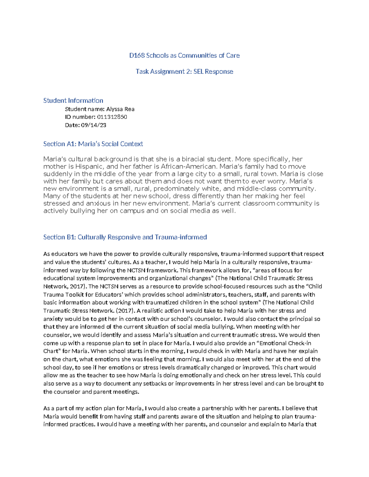 D168 Task Assignment 2 - D168 Schools as Communities of Care Task ...