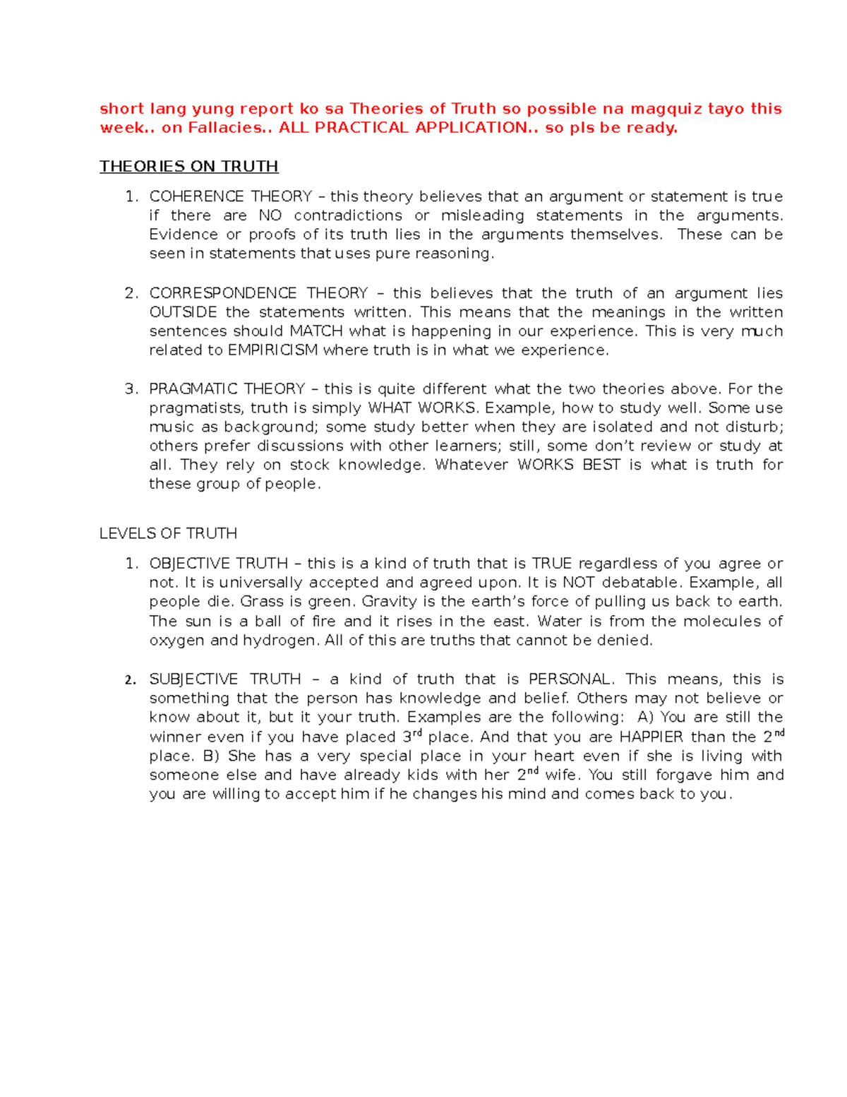 Theories-on-truth - None in particular - short lang yung report ko sa ...