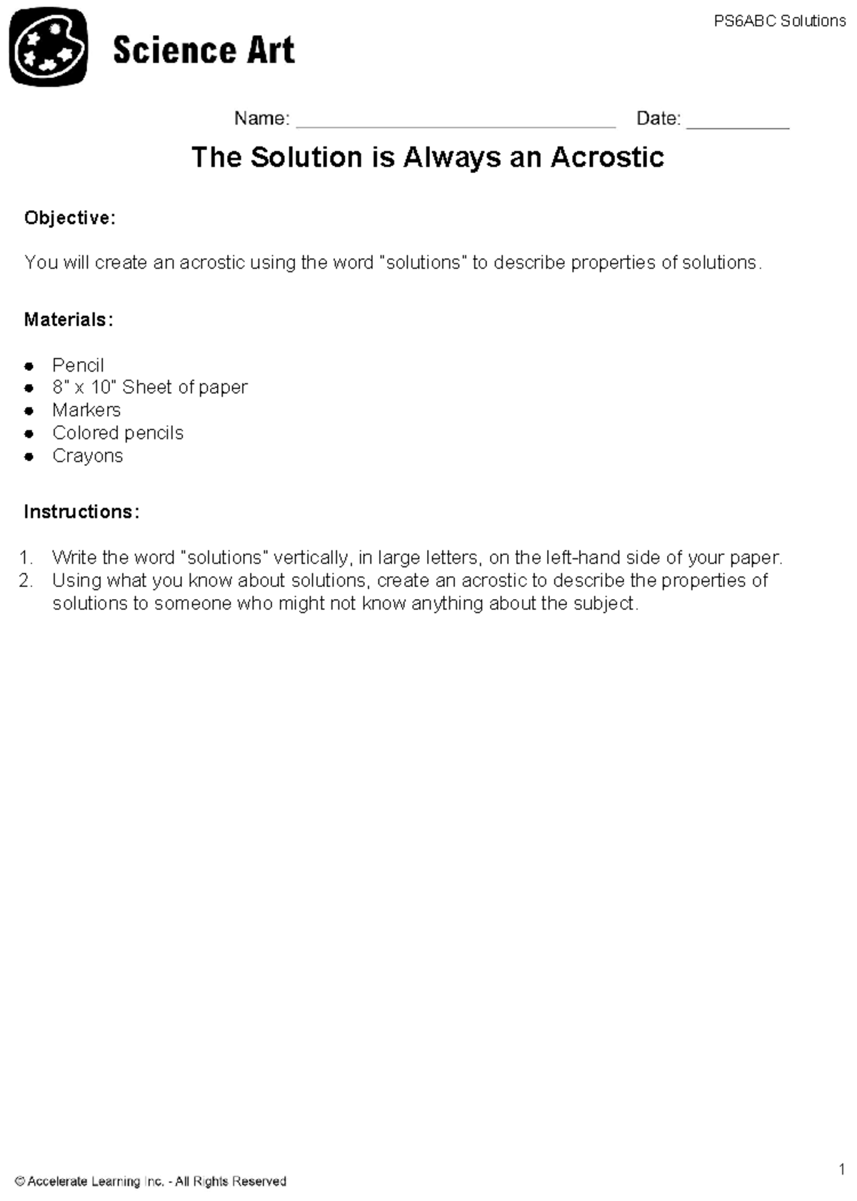 GA PS6ABC Solutions Acceleration Science Art - 1 Objective: You will ...