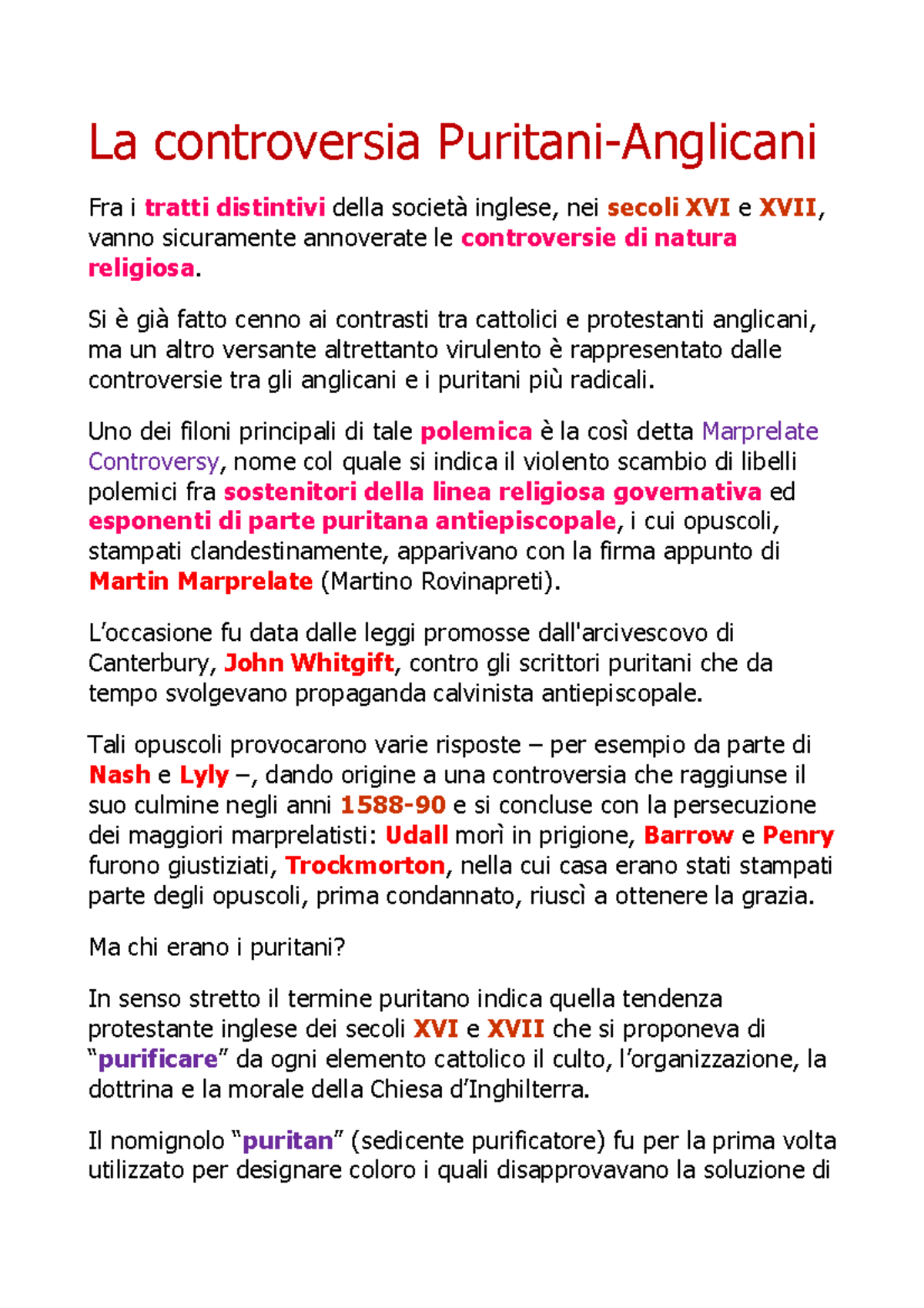 La controversia Puritani ed Anglicani - La controversia Puritani ...