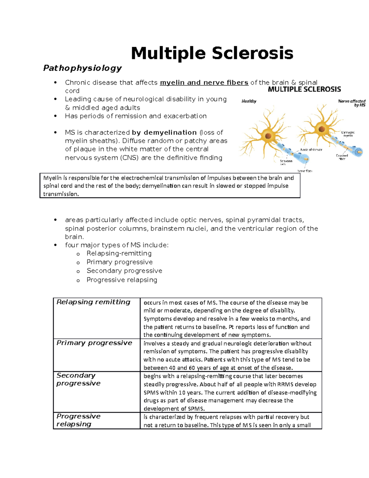 Multiplesclerosis - med surg notes taken from the book. Workman, Donna ...