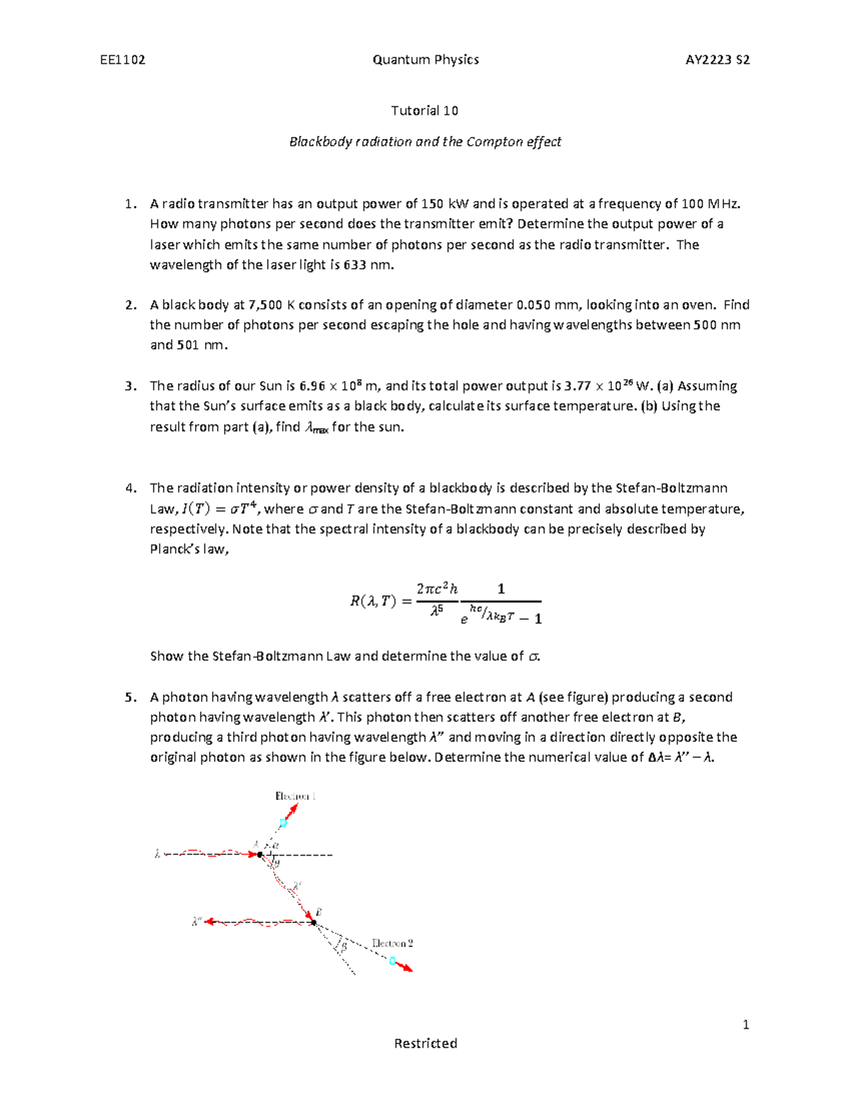 Tutorial 10 - EE1102 Quantum Physics AY2223 S 1 Restricted Tutorial 10 Blackbody radiation and ...