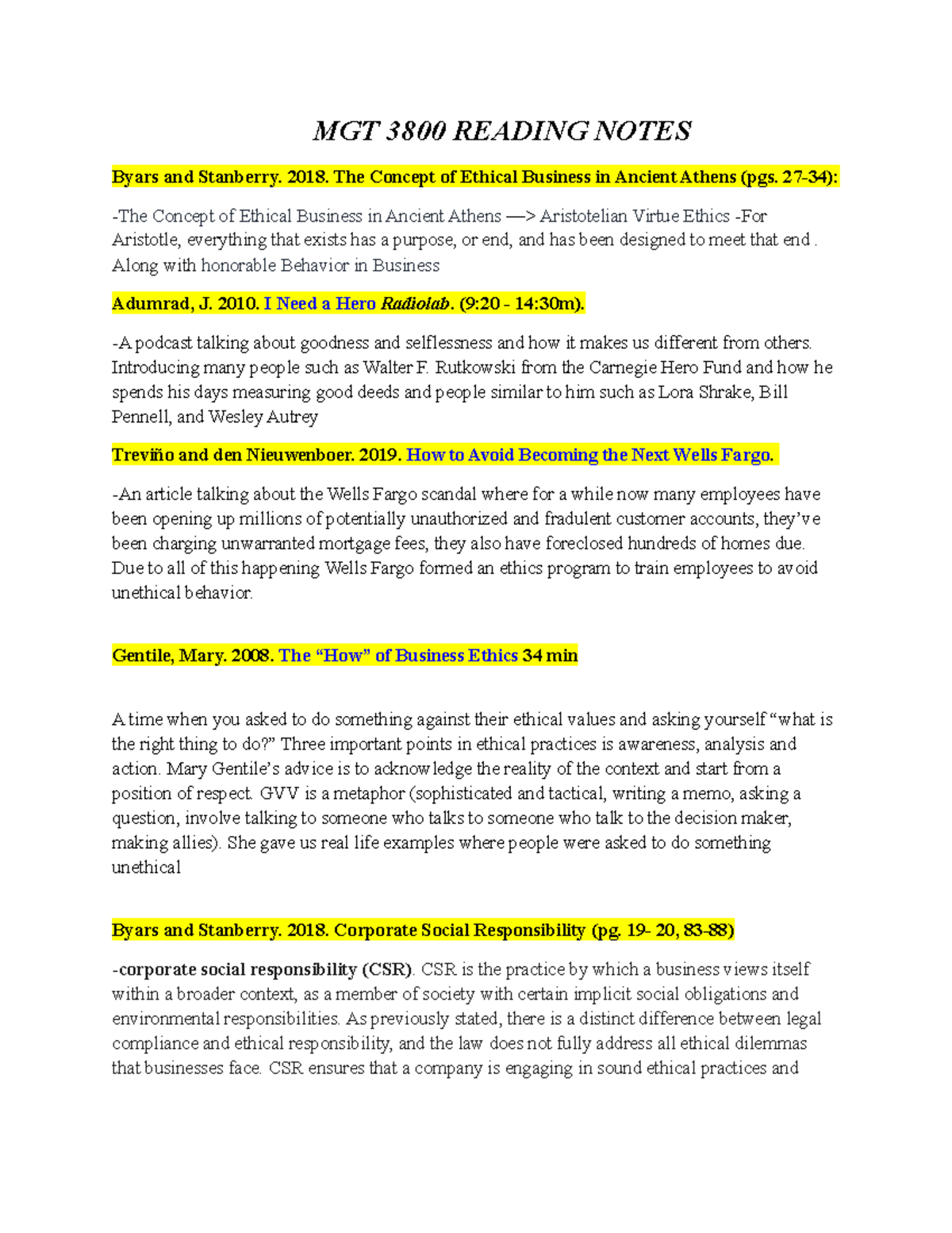 MGT 3800 Reading Notes - good - FRO 1000S - Baruch College - Studocu