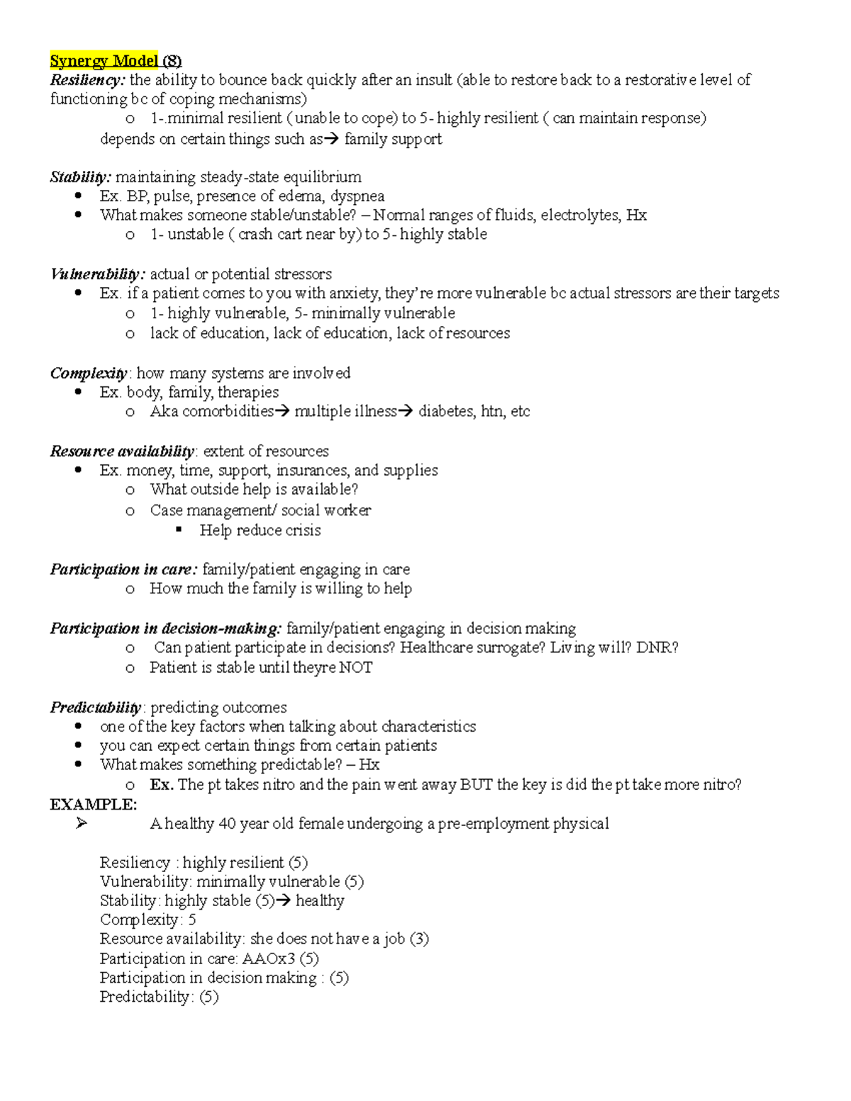 Synergy Model - Lecture notes 1 - Synergy Model (8) Resiliency: the ...