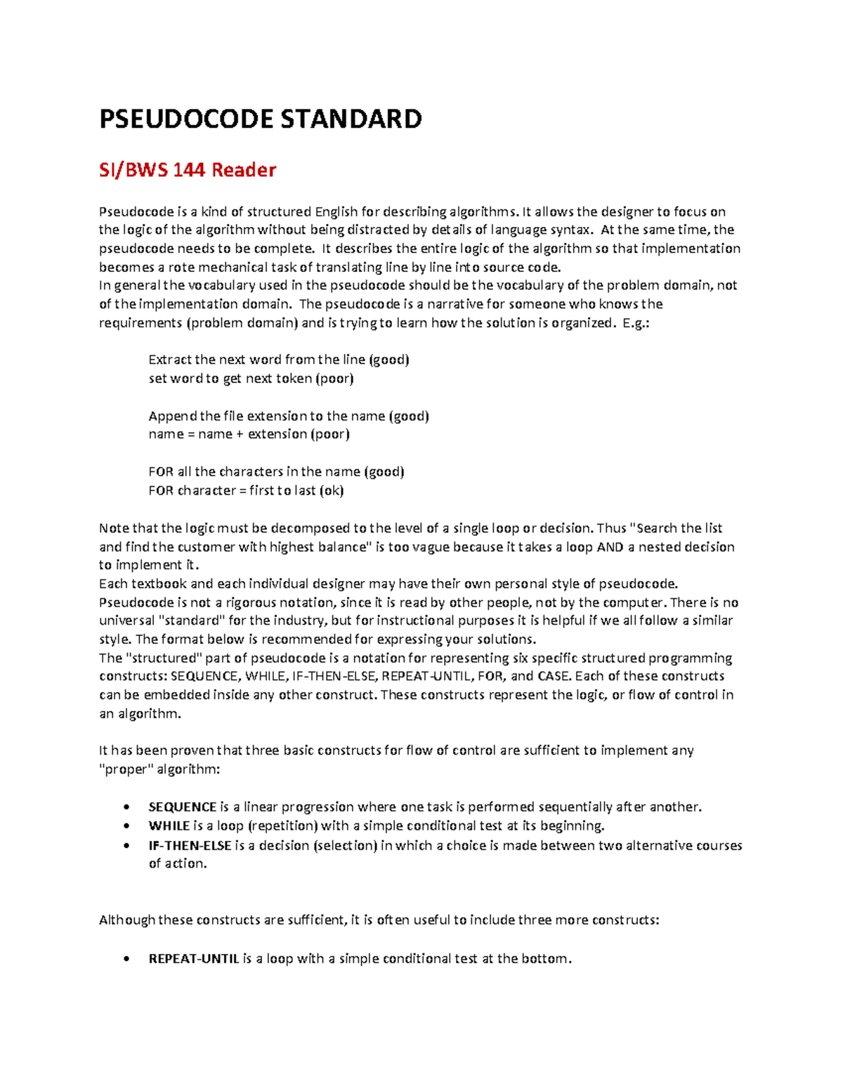 Pseudocode Prac - PSEUDOCODE STANDARD SI/BWS 144 Reader Pseudocode is a ...