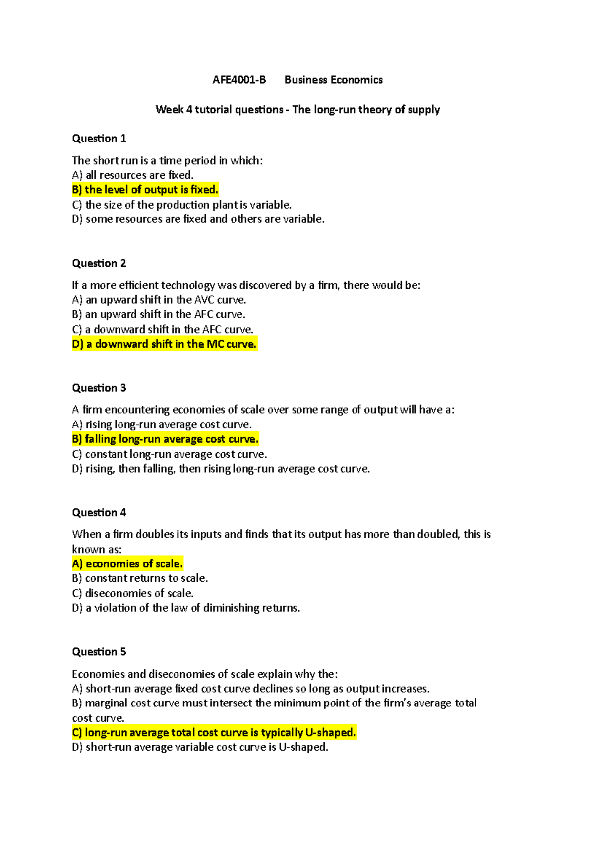 Business Economics Tutorial 4 - AFE4001-B Business Economics Week 4 ...