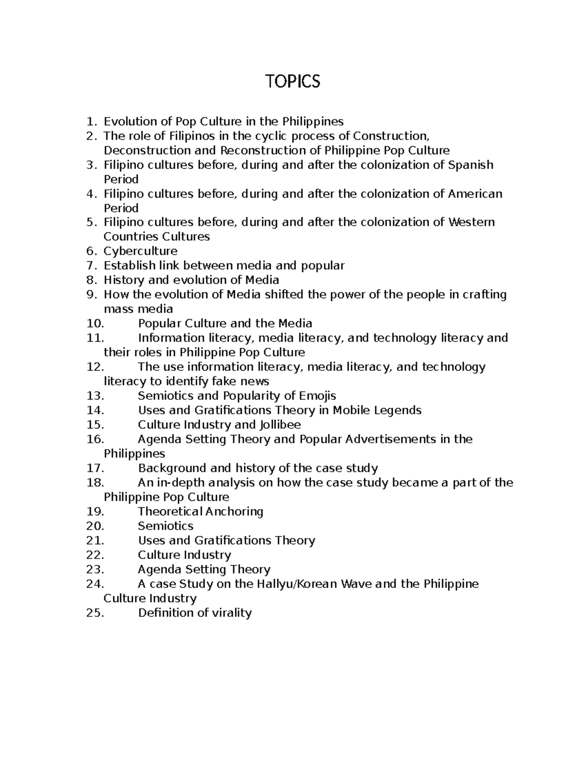 Topics in Philippine Pop Culture - TOPICS 1. Evolution of Pop Culture ...