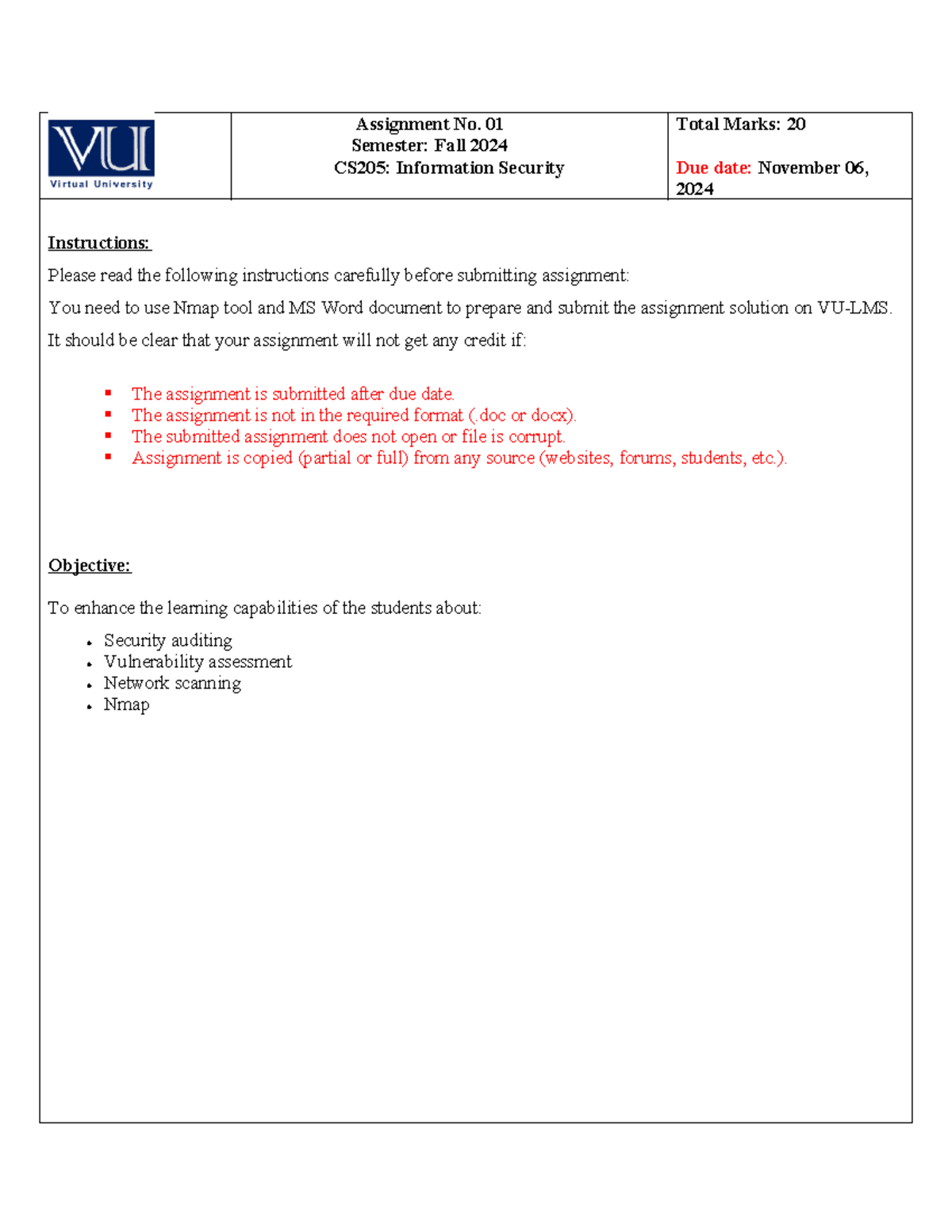 Cs205-Assignment - Assignment No. 01 Semester: Fall 2024 CS205: Information Security Total Marks ...