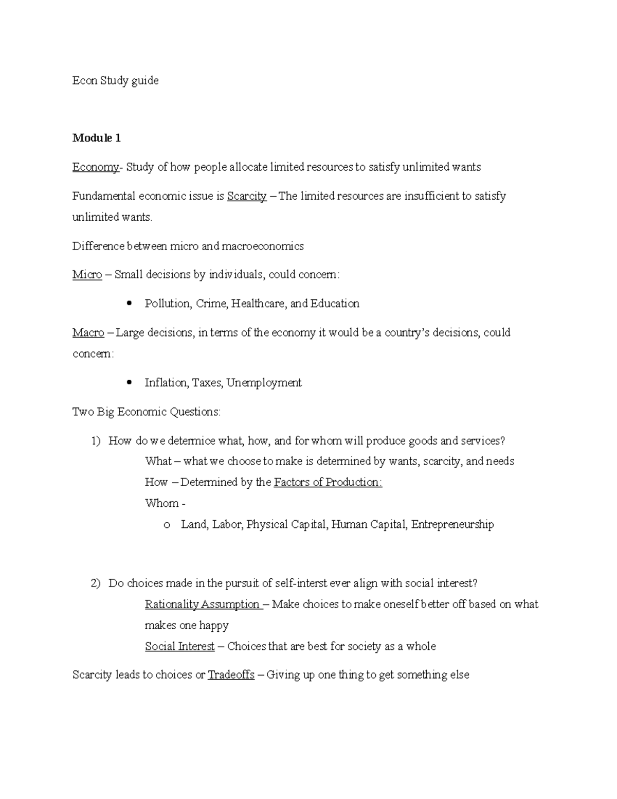 Econ Study Guide - Econ Study guide Module 1 Economy- Study of how ...