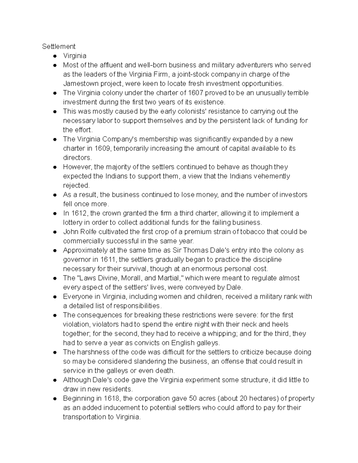 Settlement and Colonization - Settlement Virginia Most of the affluent ...