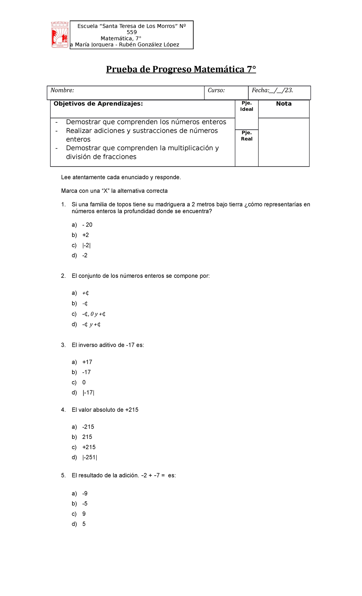 prueba de algebra - Prueba de Progreso Matemática 7° Nombre: Curso ...