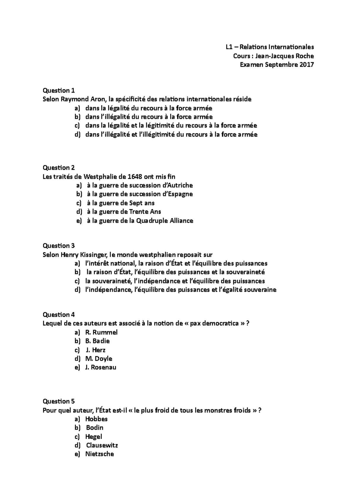 QCM L1 sept 2017 - Annales RI - L1 – Relations Internationales Cours : Jean-Jacques Roche Examen ...