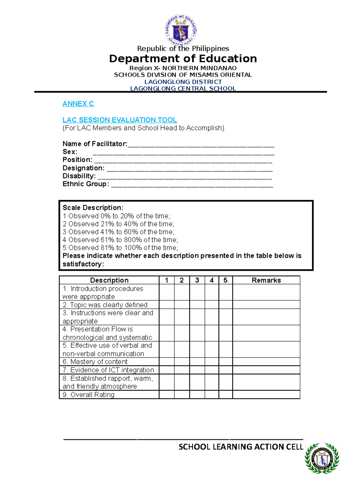 Annex C - Republic of the Philippines Department of Education Region X ...