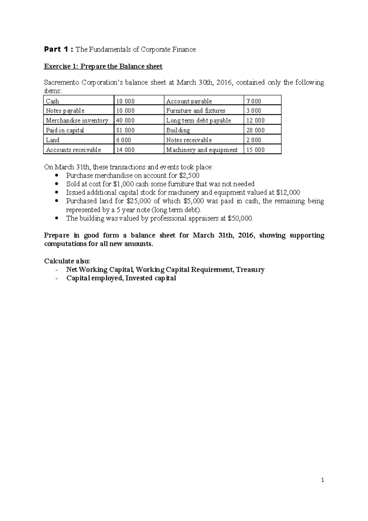 Part 1 Ex 1 - Part 1 : The Fundamentals of Corporate Finance Exercise 1 ...