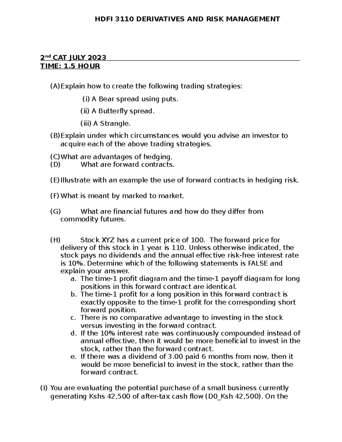 HDFI 3110 Derivatives AND RISK Management 2nd CAT July 2023 - HDFI 3110 ...