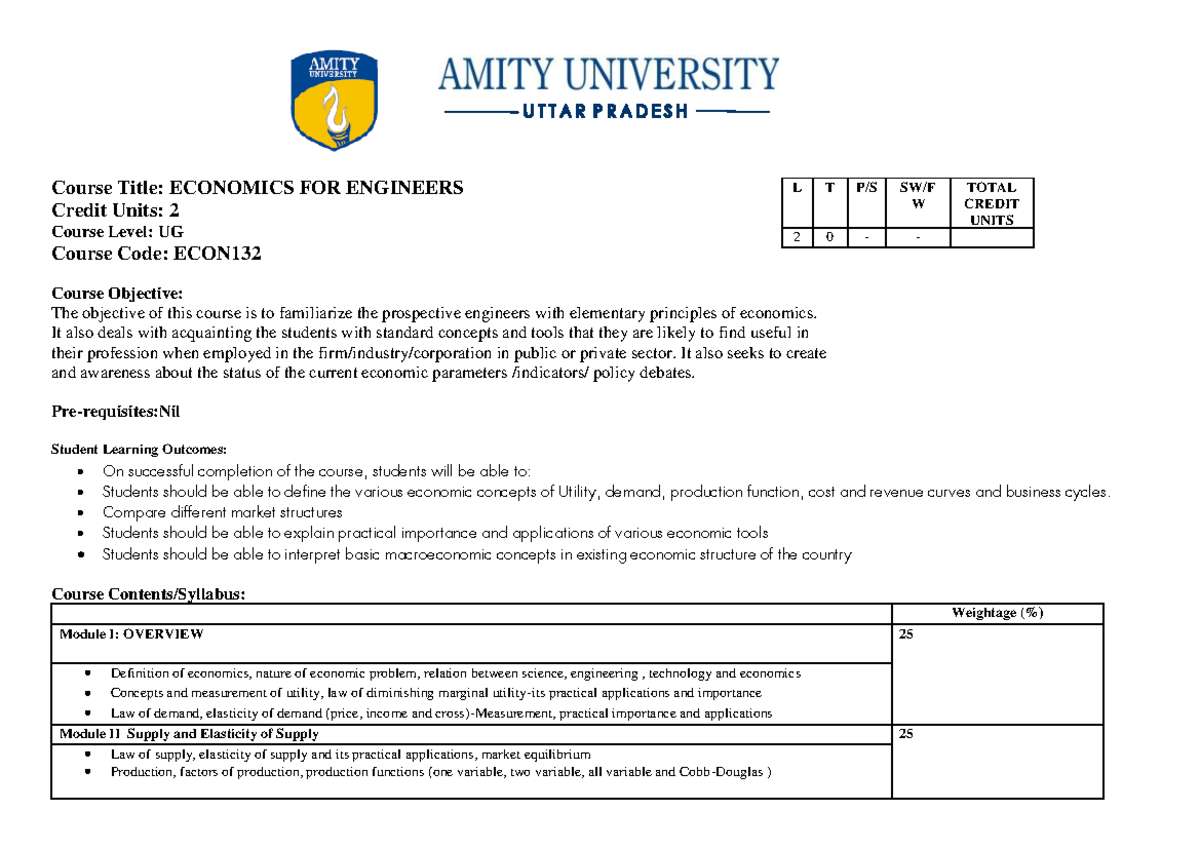 Economics syllabus - Course Title: ECONOMICS FOR ENGINEERS Credit Units ...