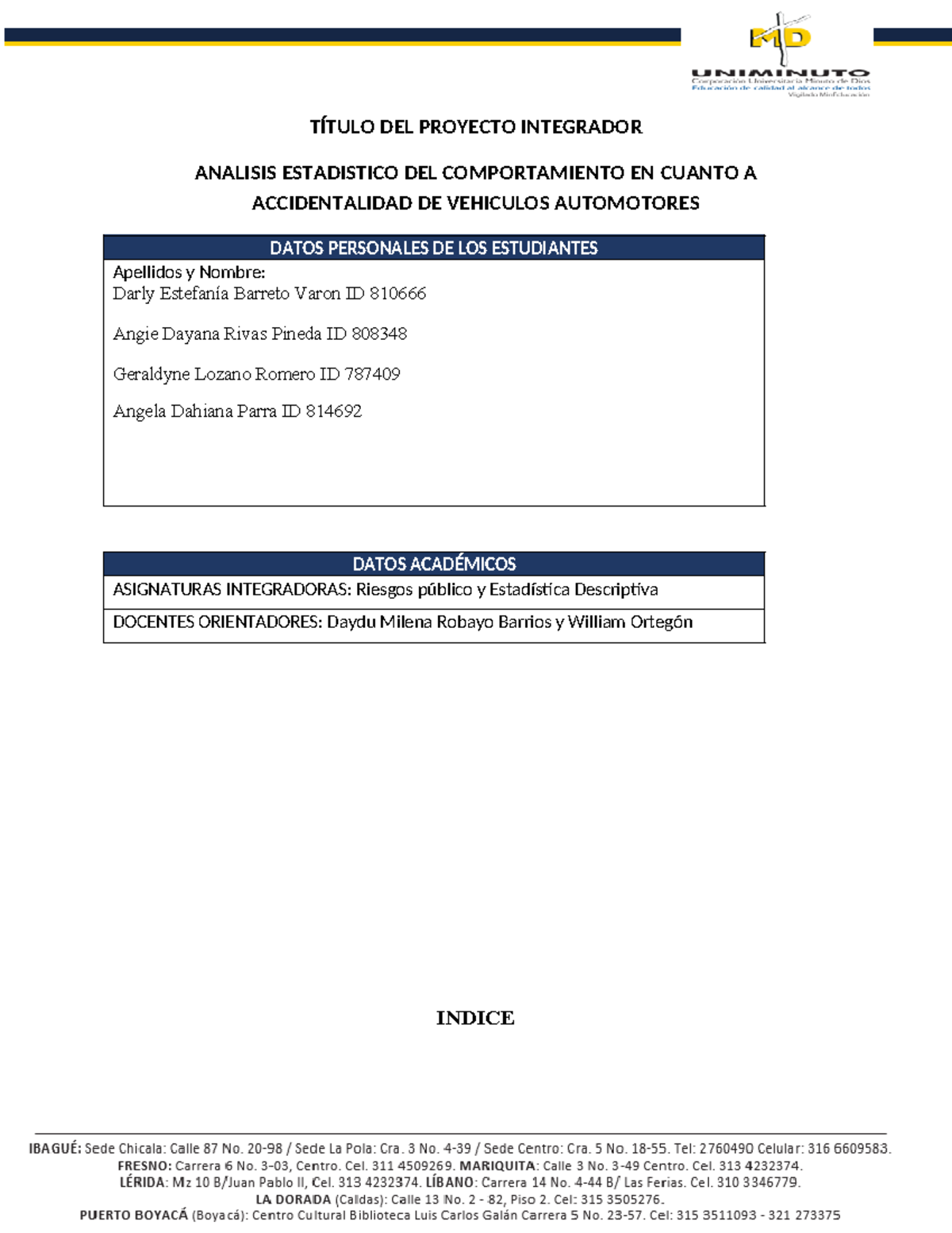 Proyecto integrador departamento del Tolima - TÍTULO DEL PROYECTO ...
