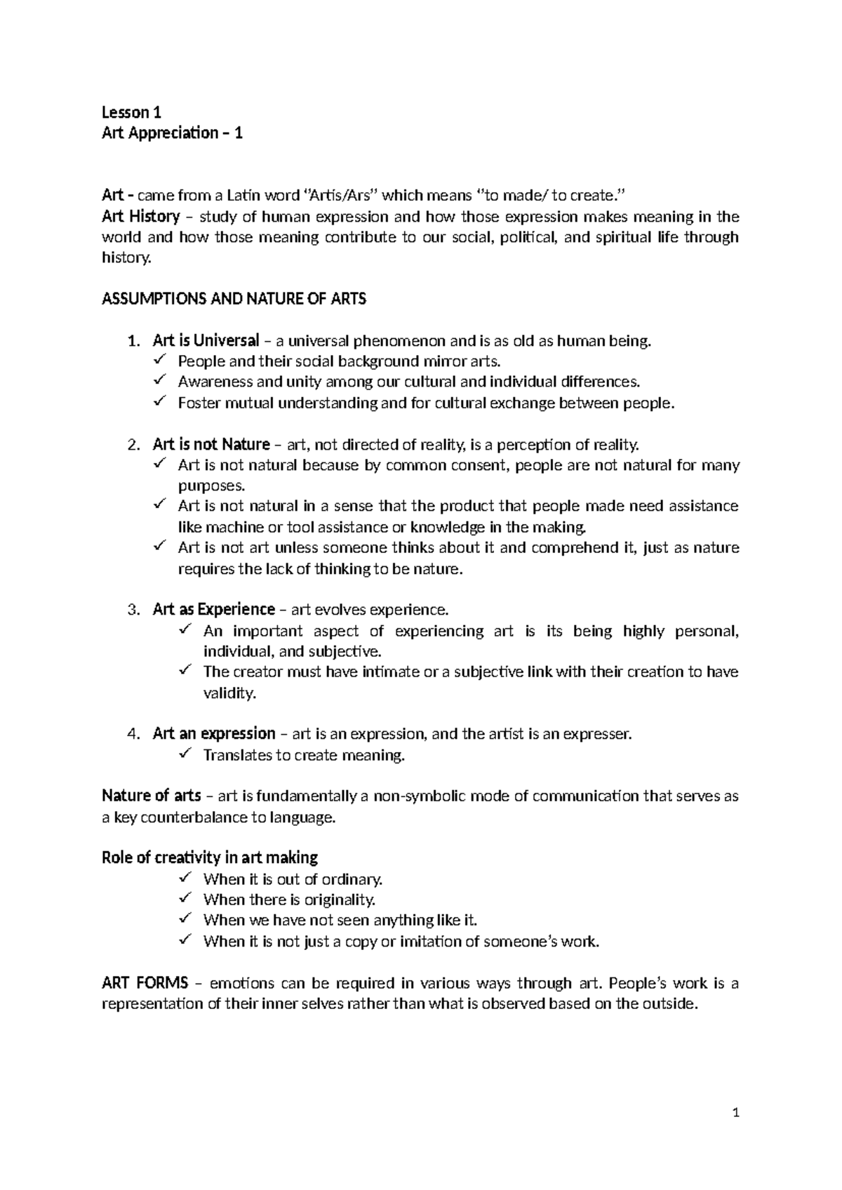 Lesson-1 - What is Art? - Lesson 1 Art Appreciation – 1 Art - came from ...