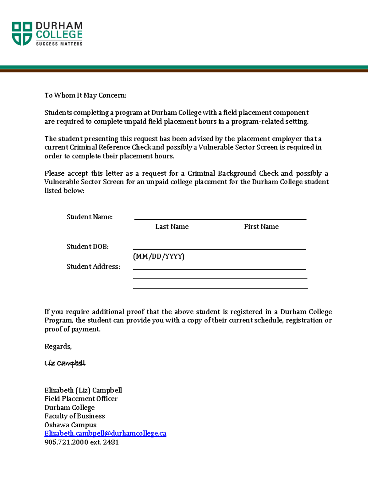 Criminal Reference Check Letter - To Whom It May Concern: Students ...