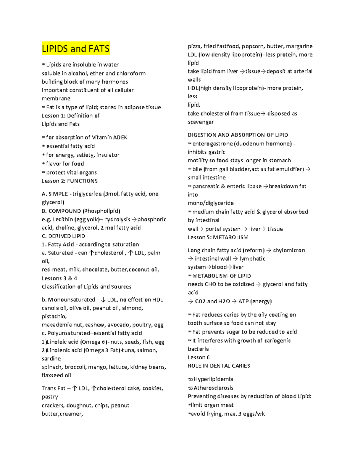 Lipids and FATS reviwer - LIPIDS and FATS Lipids are insoluble in water ...