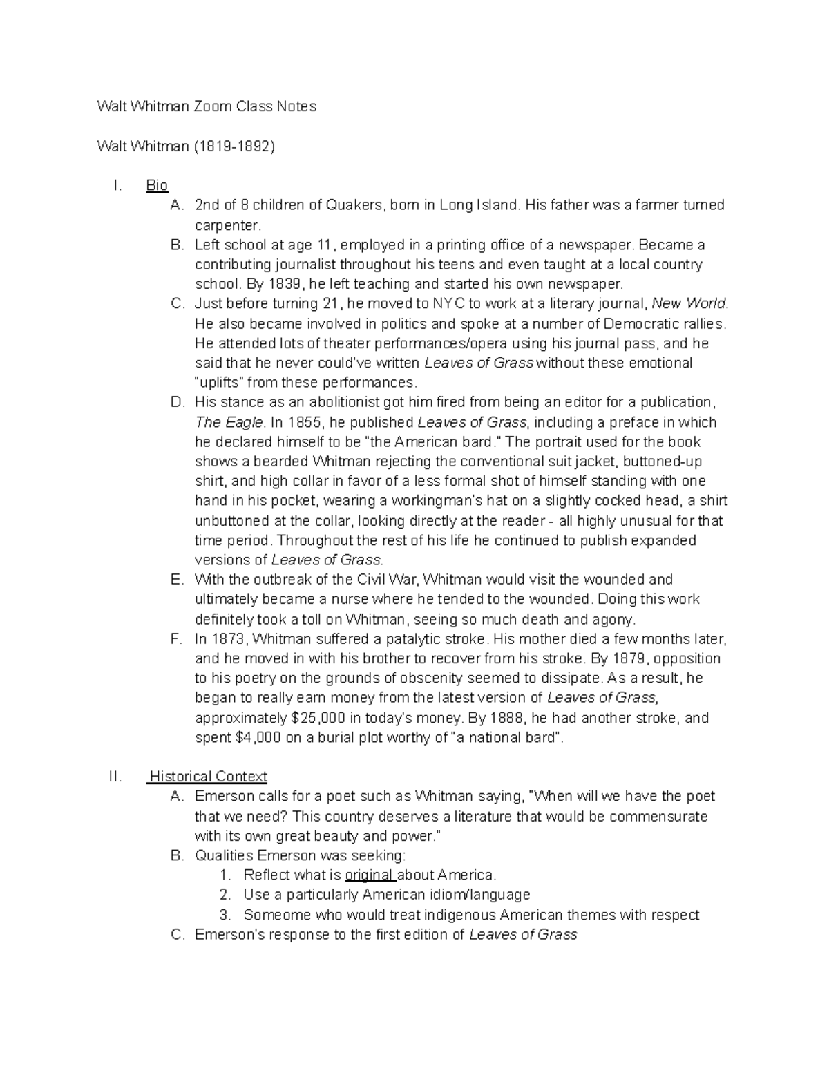 Walt Whitman Zoom Class Notes - Bio A. 2nd of 8 children of Quakers ...