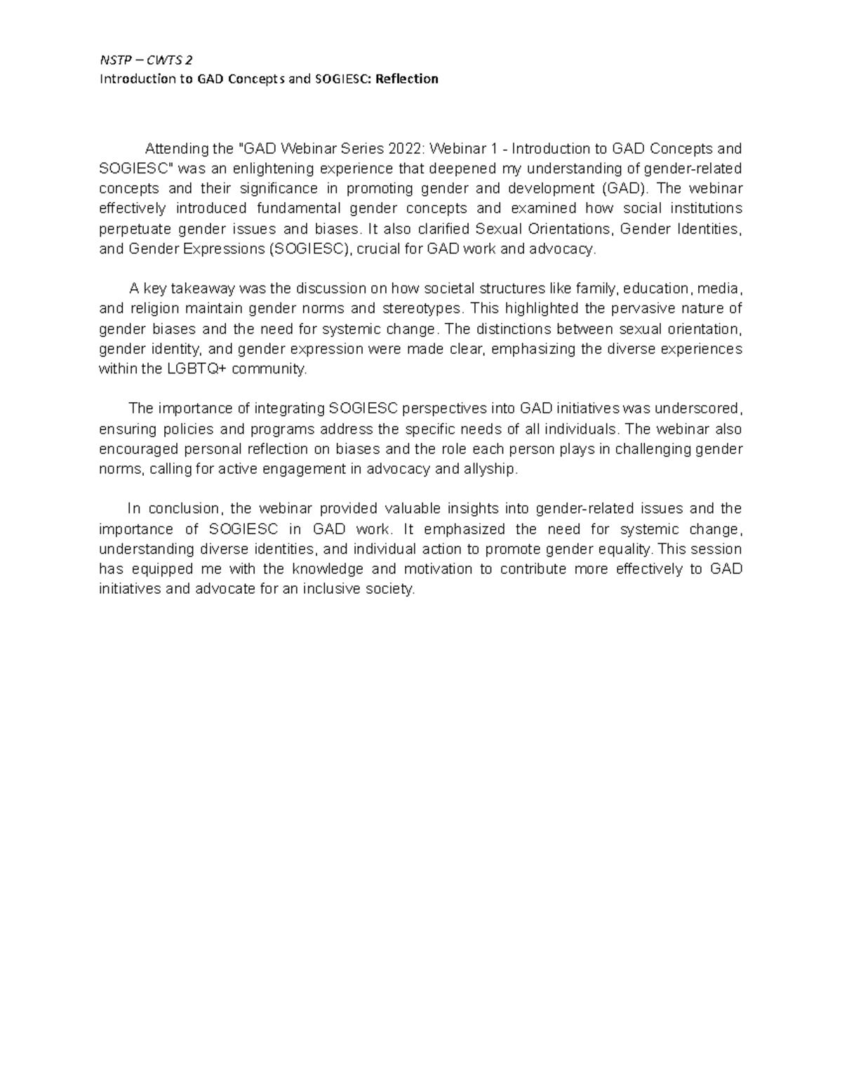 GAD Reflection - NSTP – CWTS 2 Introduction to GAD Concepts and SOGIESC ...