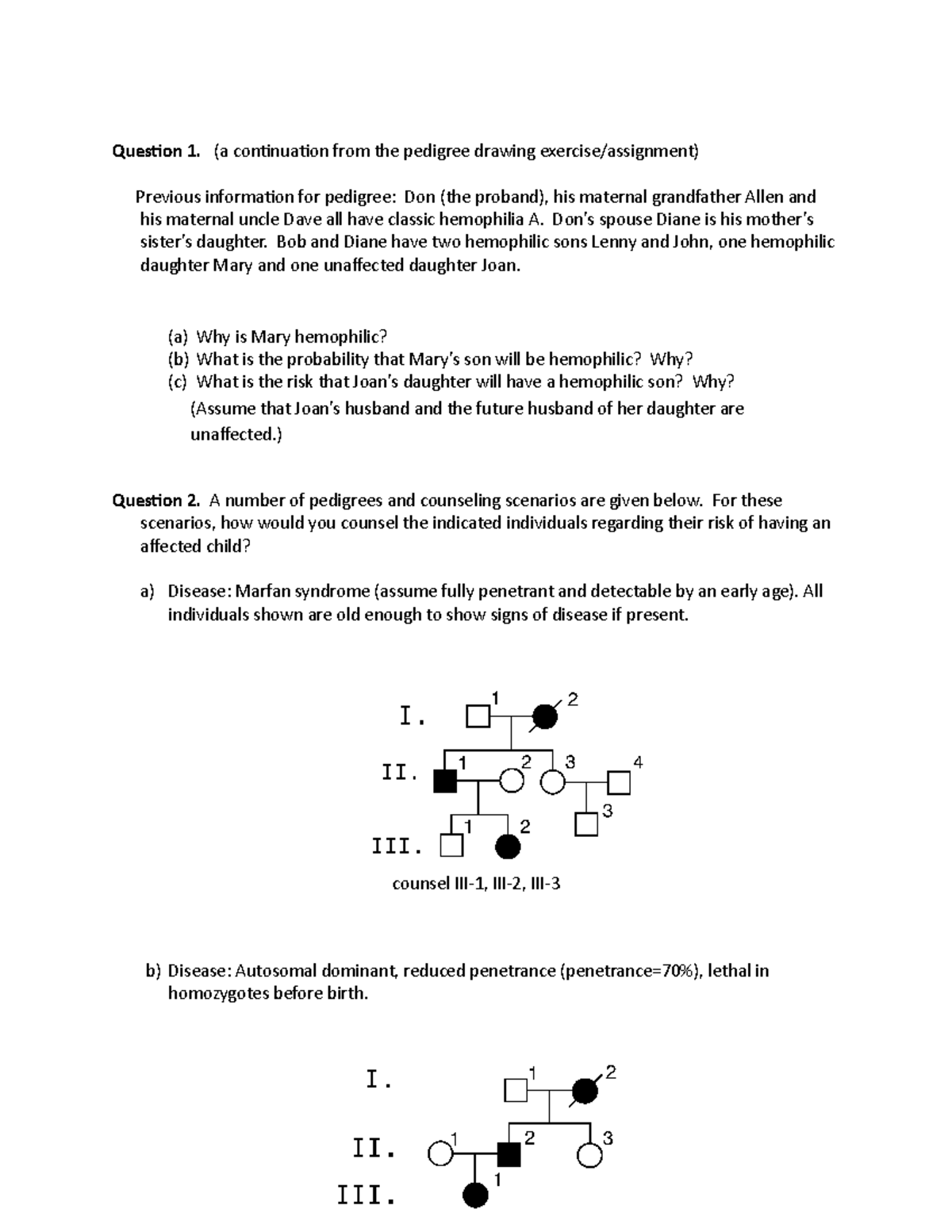Genetics 2 - Question 1. (a continuation from the pedigree drawing ...
