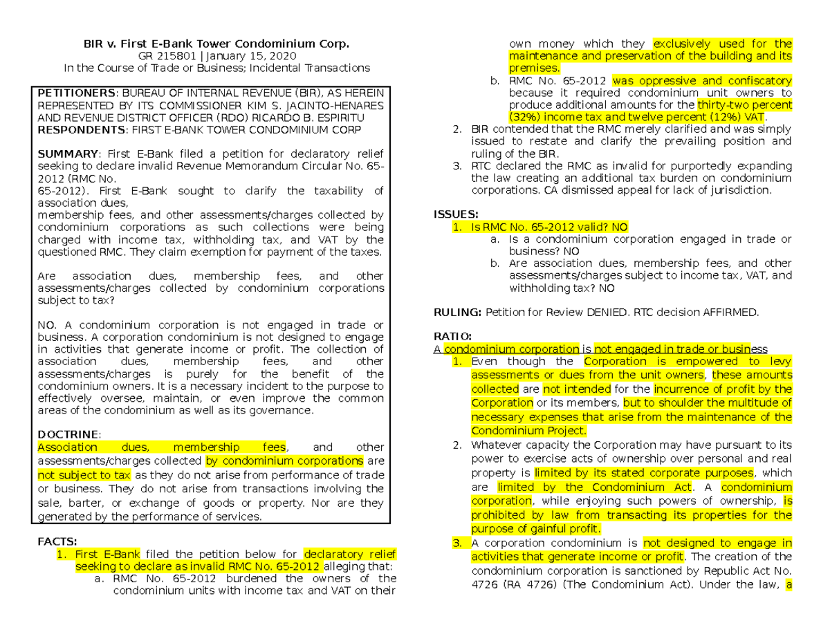 14. BIR v First E-bank Tower Condo Corp - BIR v. First E-Bank Tower ...
