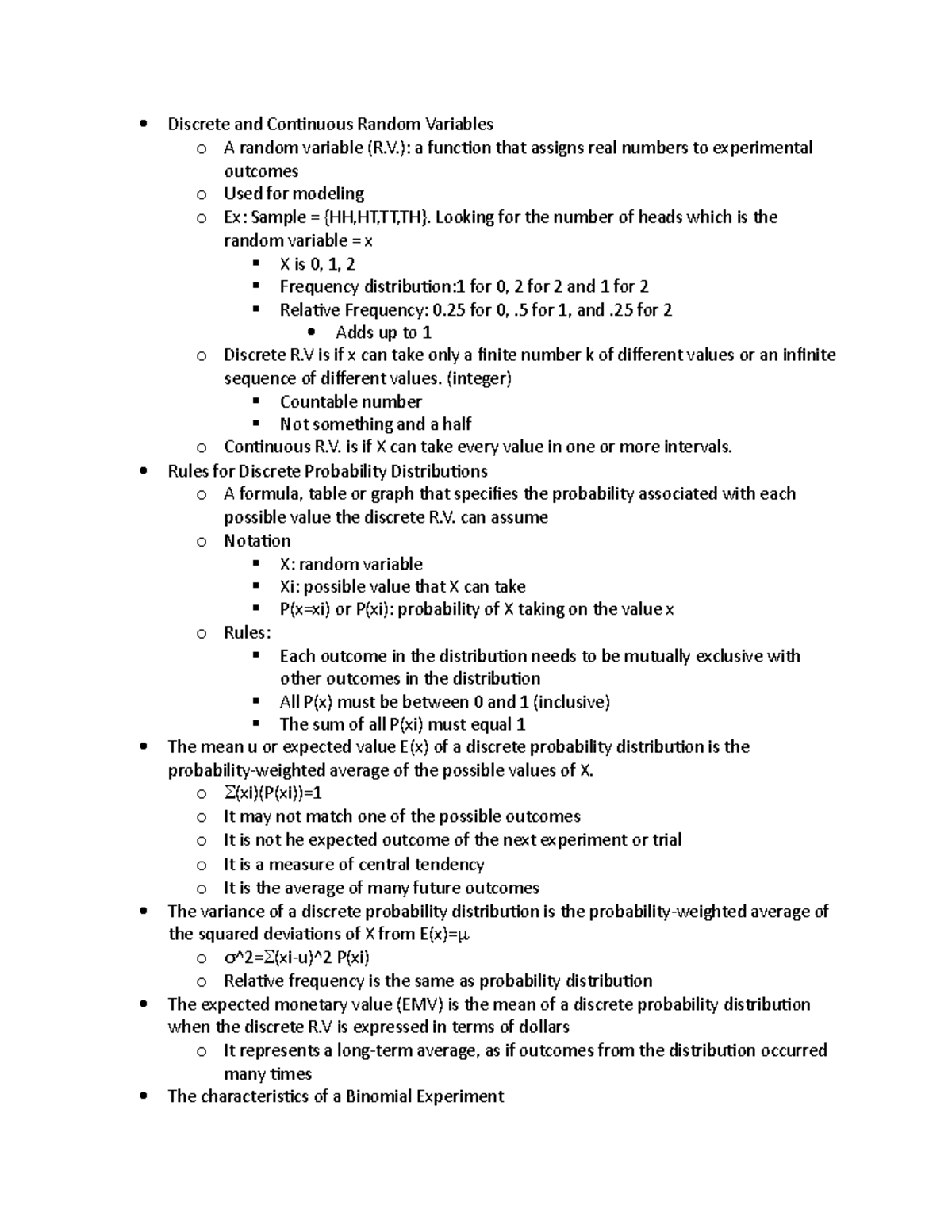 Chapter 5 Stats - Discrete and Continuous Random Variables o A random ...