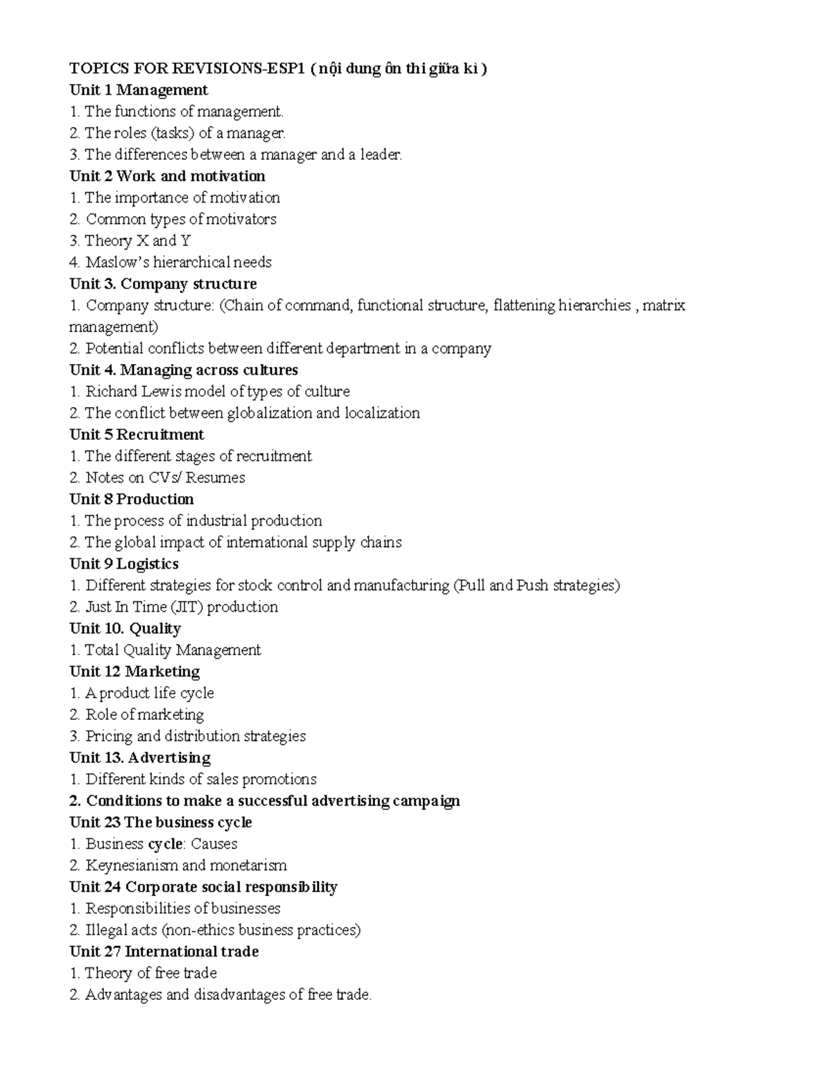 1. Topics FOR Revisions - TOPICS FOR REVISIONS-ESP1 ( nội dung ôn thi ...