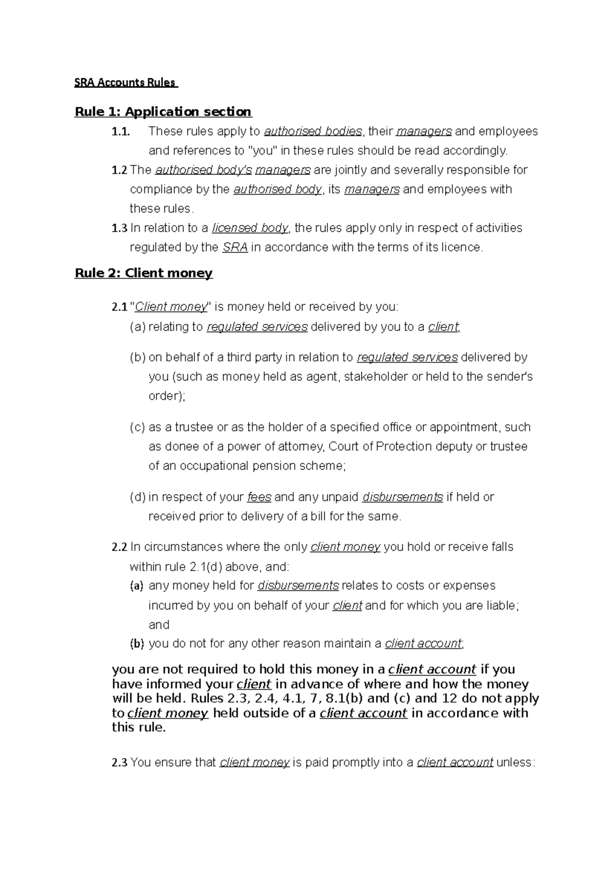 SRA Accounts Rules - SRA Accounts Rules Rule 1: Application section 1 ...