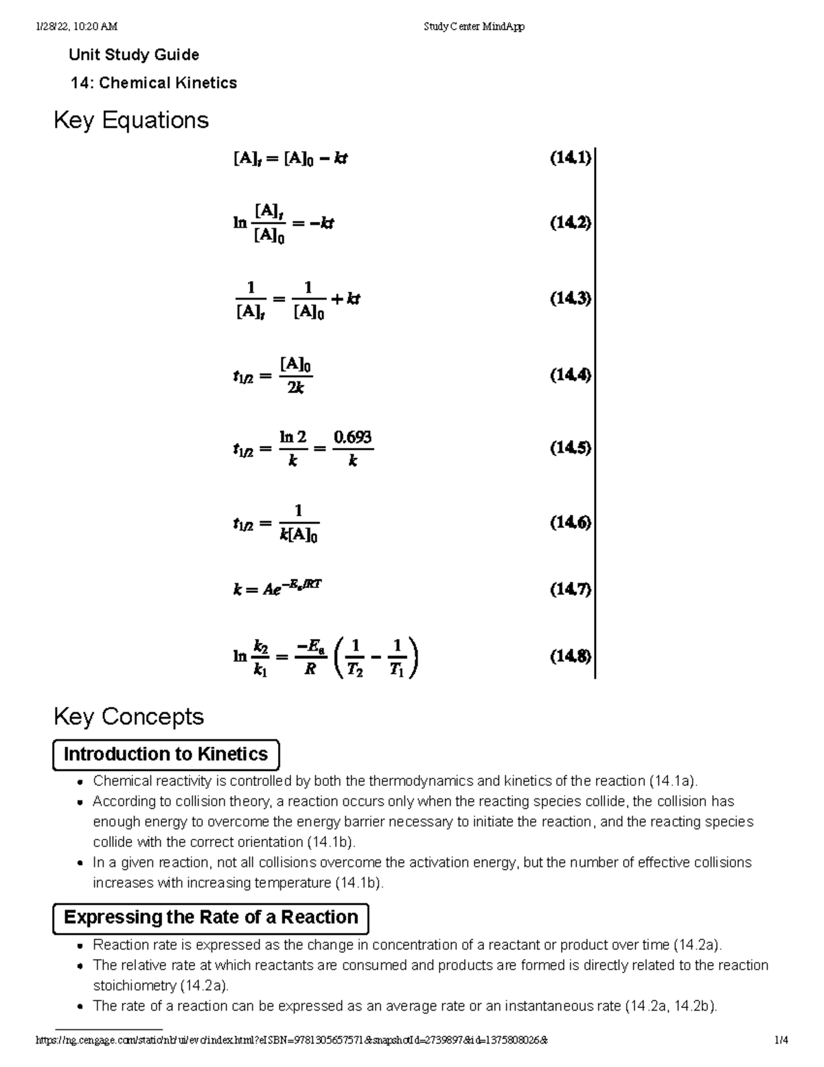 Ch.4 Study Guide - Unit Study Guide 14: Chemical Kinetics Key Equations ...
