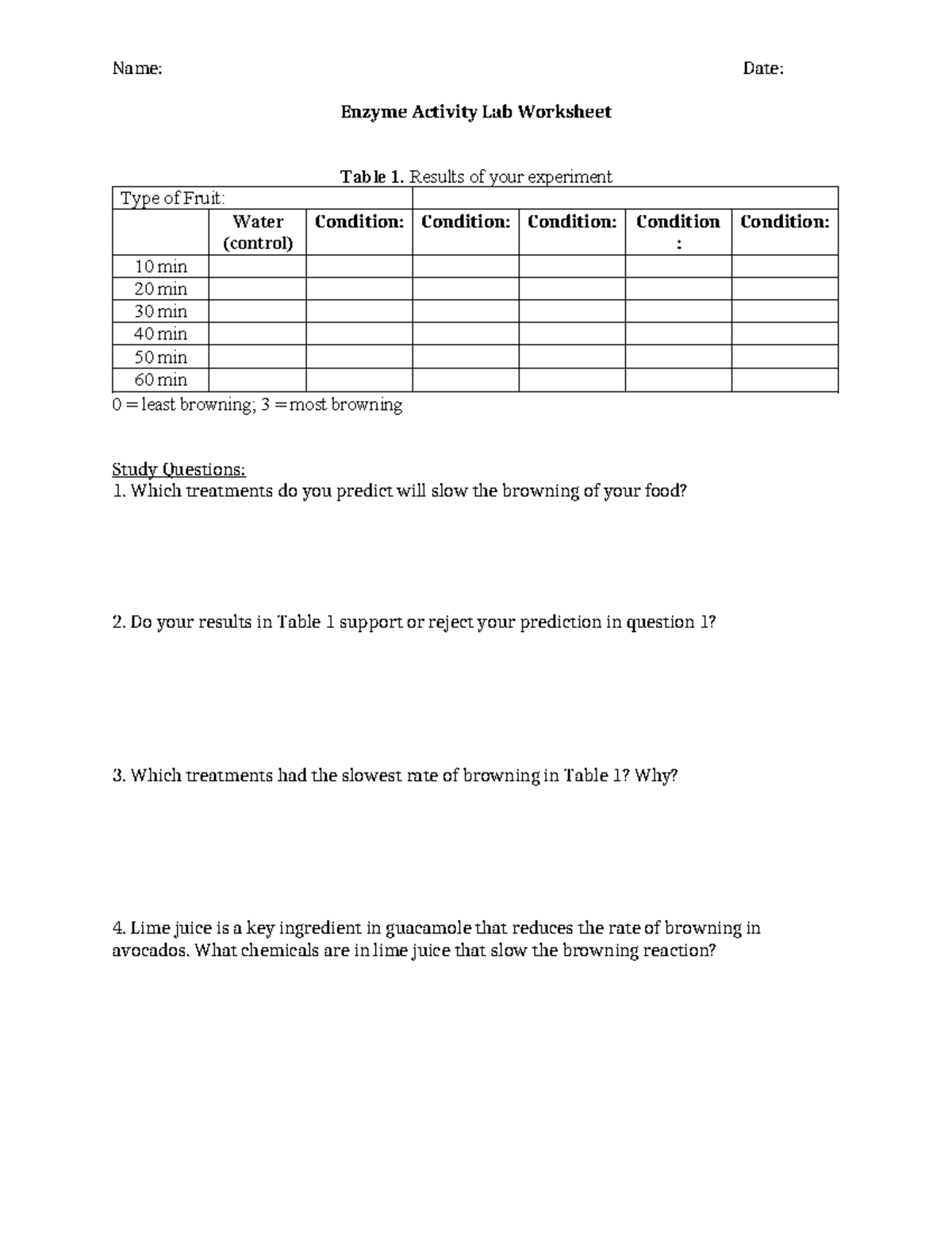 Enzyme Activity Lab Worksheet - Name: Date: Enzyme Activity Lab ...