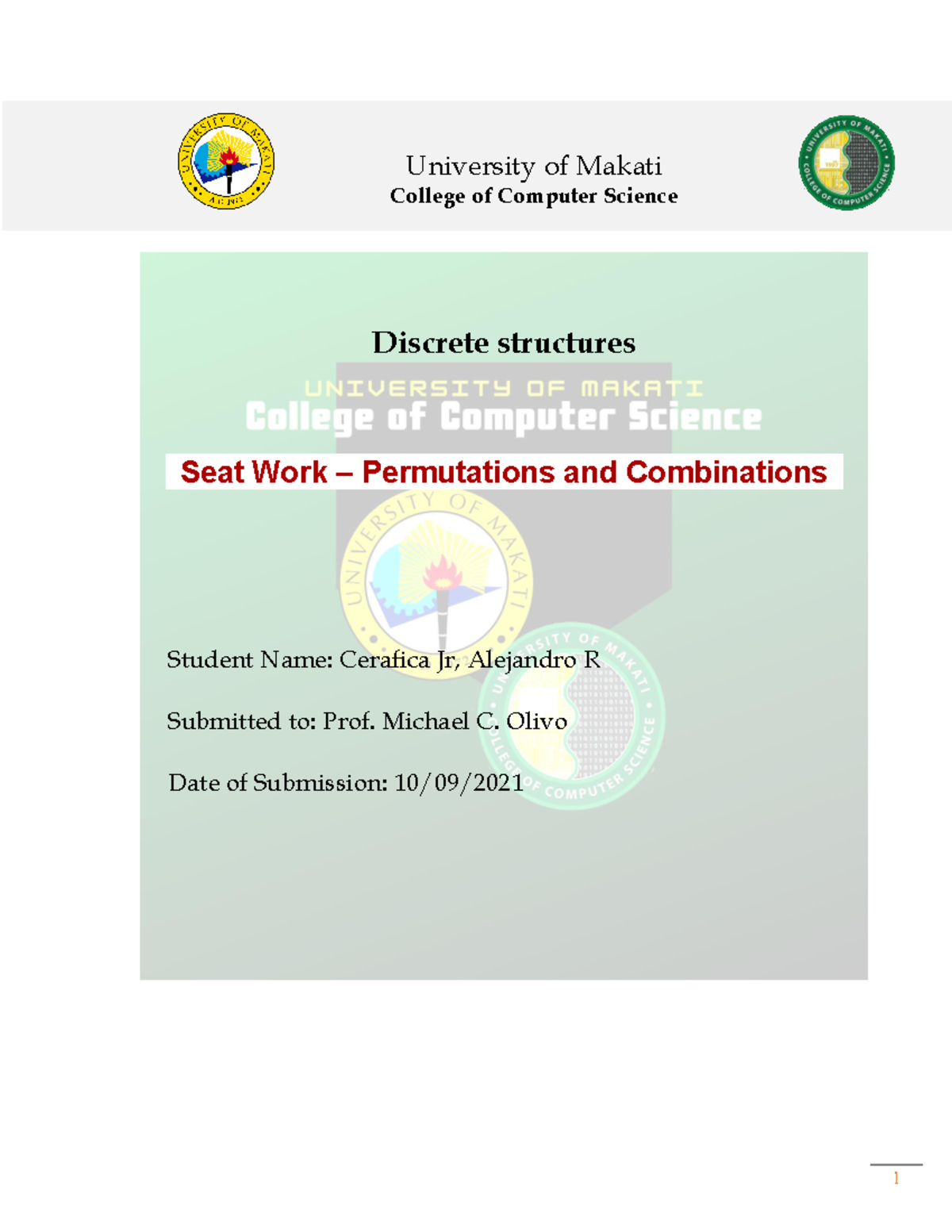 Cerafica - Seatwork Permutations and Combination - 1 University of Makati College of Computer ...