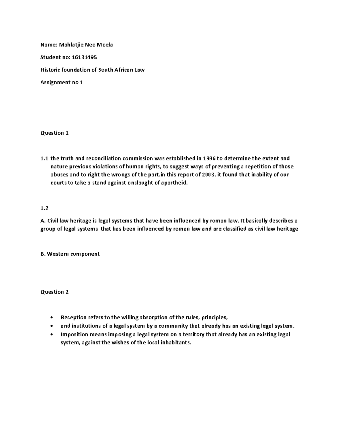 Hfl1501 assignment - good to refer - Name: Mahlatjie Neo Moela Student ...