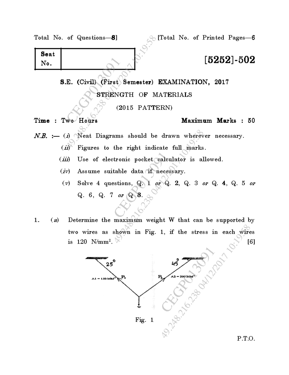 Nov Dec 2017 - civil enginnering paper - [5252]-502 1 P.T. Total No. of ...