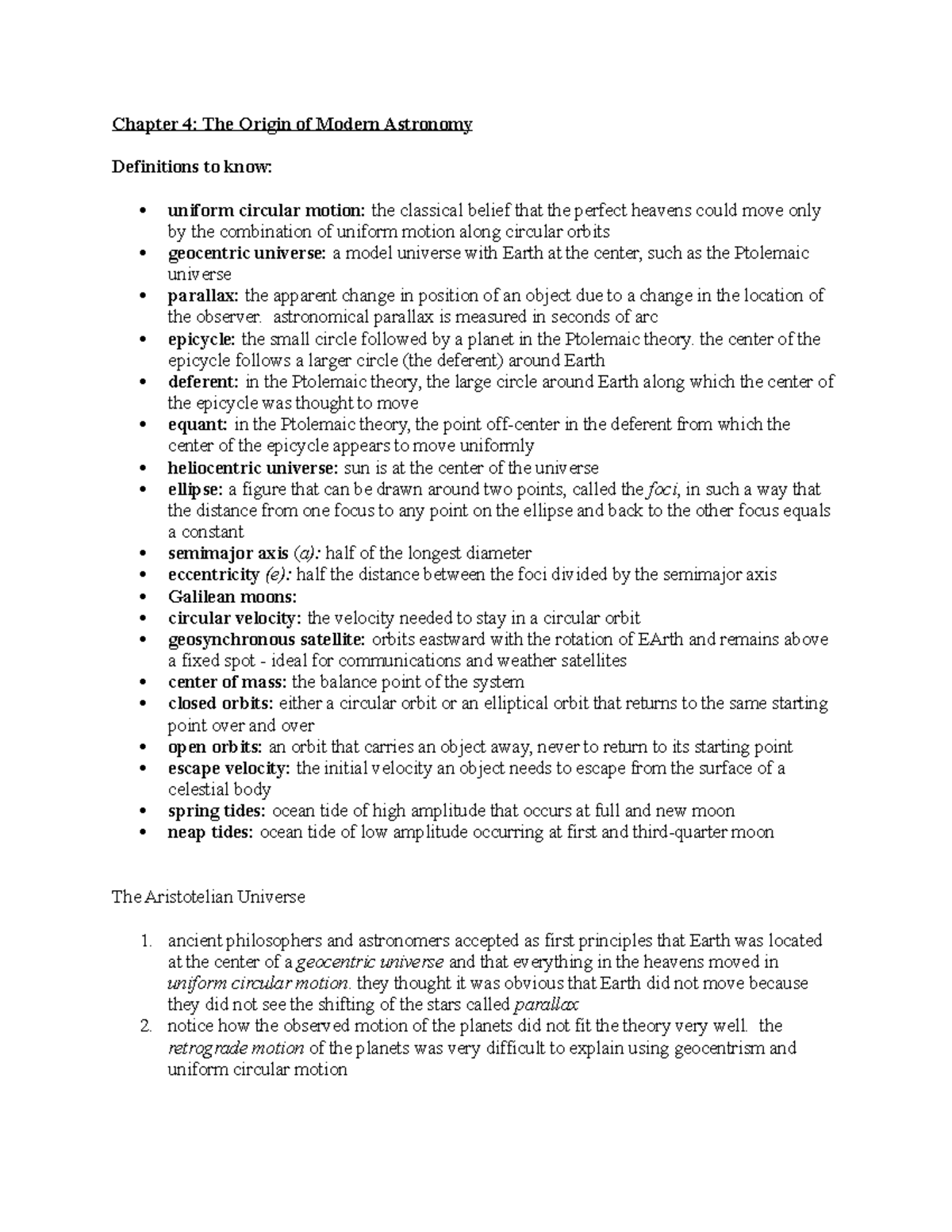 Chapter 4 Notes PHYS 1080 - Chapter 4: The Origin of Modern Astronomy ...