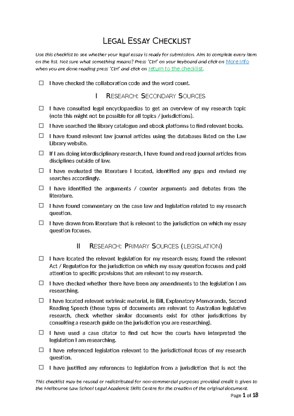 Legal Essay Checklist - LEGAL ESSAY CHECKLIST Use this checklist to see ...